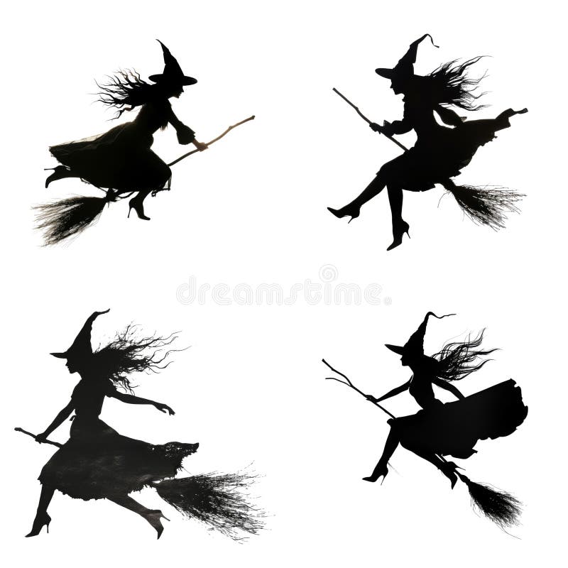 Four Silhouettes of Witches Flying on Broomsticks Stock Photo ...
