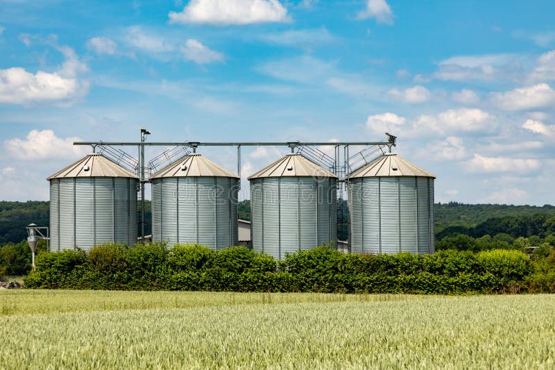 Four Silos in Front of Blue Sky Stock Photo - Image of outdoors, metal ...