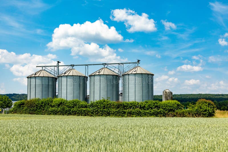 Four Silos in Front of Blue Sky Stock Photo - Image of outdoors, metal ...