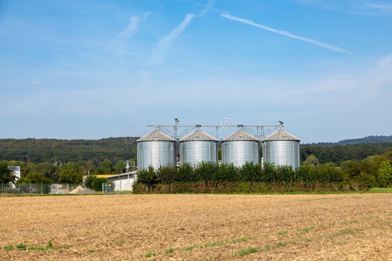 Four Silos in Front of Blue Sky Stock Photo - Image of outdoors, metal ...