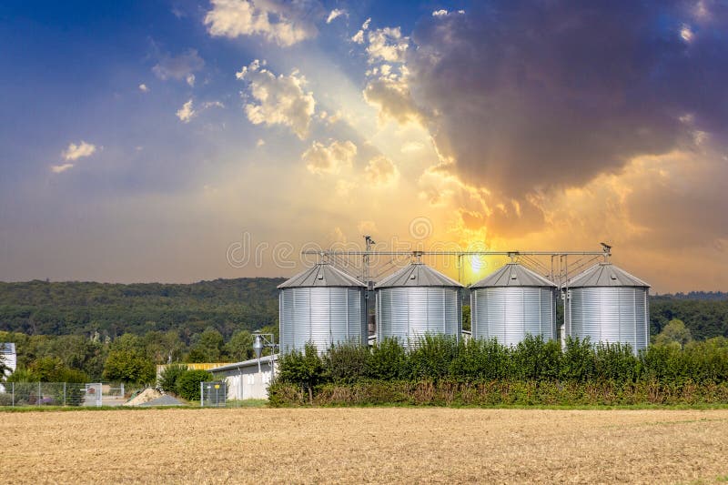 Four Silos in Front of Blue Sky Stock Photo - Image of outdoors, metal ...