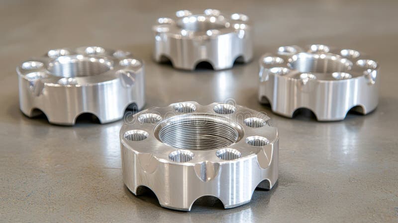 Four Silver Metal Bolts with Threaded Centers, Arranged in a Circular ...