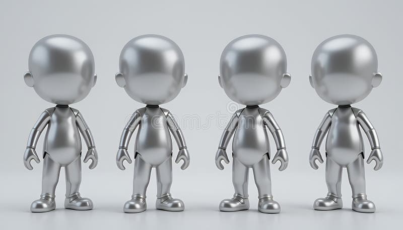 Four Silver Metallic Figures in a Row on White Background Stock ...