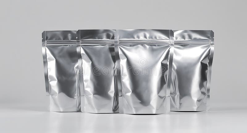 Four Silver Stand-Up Pouches with Zipper Seals on White Surface Stock ...