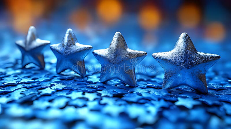 Four Silver Stars on Blue Glitter, Bokeh Background Stock Illustration ...