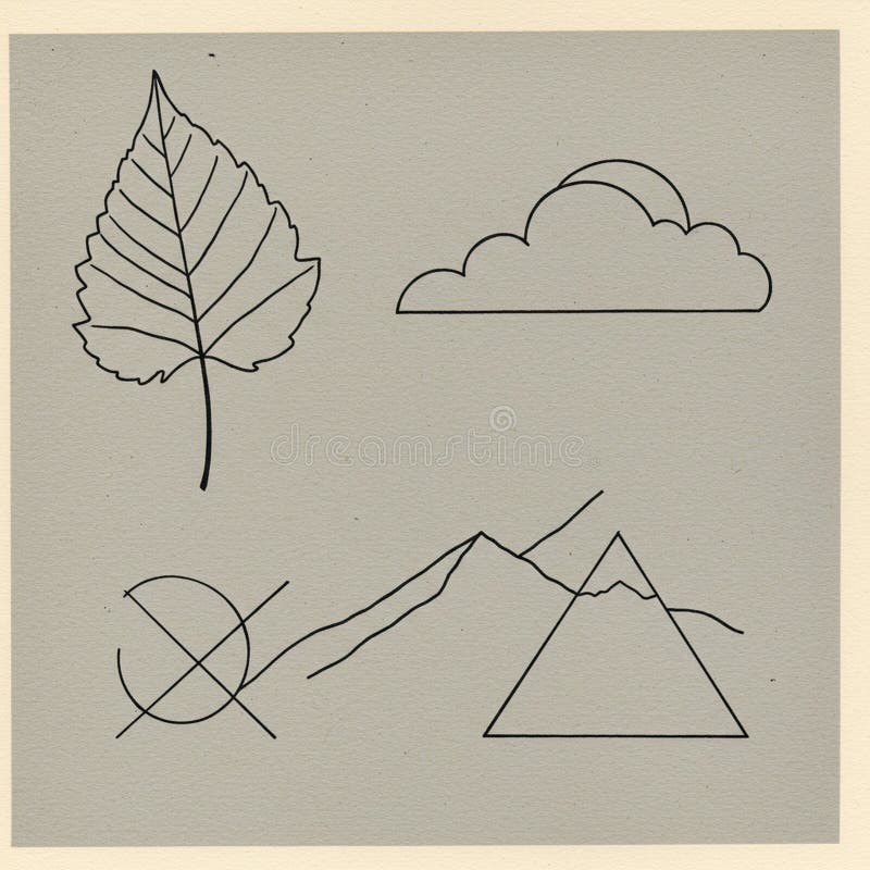 Four Simplistic Line Drawings on a Gray Background: a Leaf with ...
