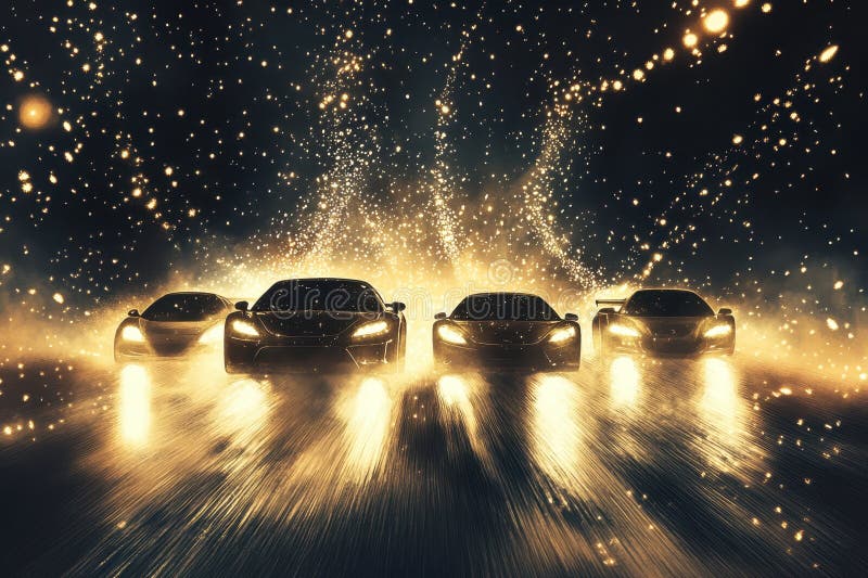 Four Sleek Cars Illuminated by Bright Headlights Create a Stunning ...