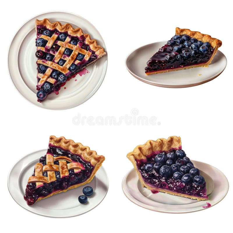 Four Slices of Blueberry Pie on White Plates Stock Image - Illustration ...