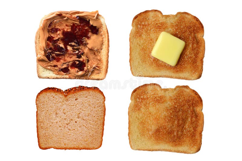 Four Slices of Bread, One with Peanut Butter and Jelly One with a Pat ...