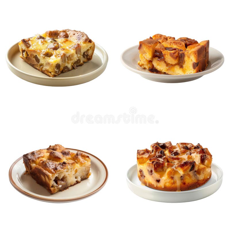 Four Slices of Bread Pudding on White Plates Stock Image - Illustration ...
