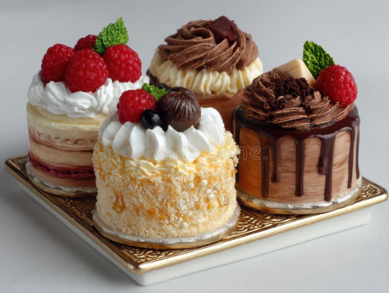 Four Small Cakes with Different Frostings and Toppings, Including ...