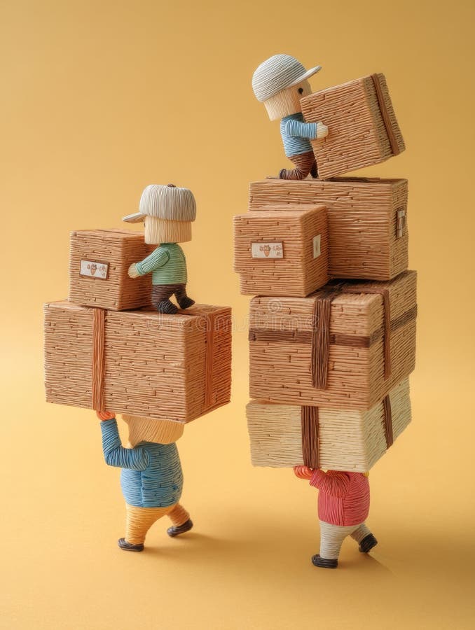Tiny Characters Joyfully Carrying Oversized Boxes in a Whimsical ...