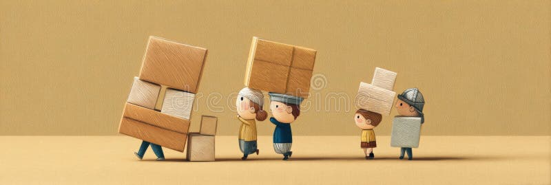 Tiny Characters Joyfully Carrying Large Cardboard Boxes in a Whimsical ...