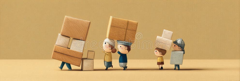 Tiny Characters Joyfully Carrying Large Cardboard Boxes in a Whimsical ...