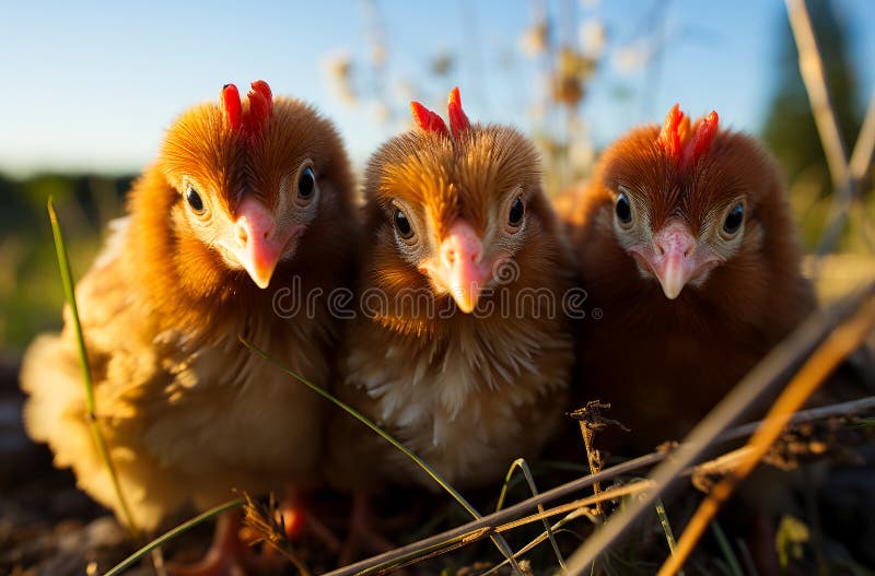 Four Small Chickens on Top on a Grass. a Group of Chickens Standing ...