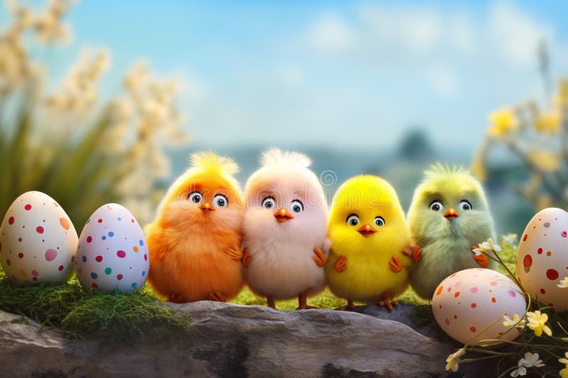 Four Small Colorful Chicks are Hidden Together with Easter Eggs in the ...