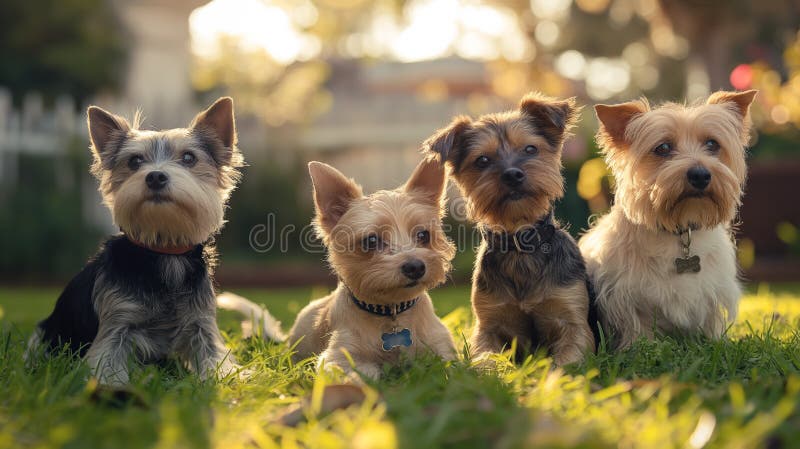 Four Small Dogs Sitting on Grass in Backyard. Sunlight Creates Warm ...