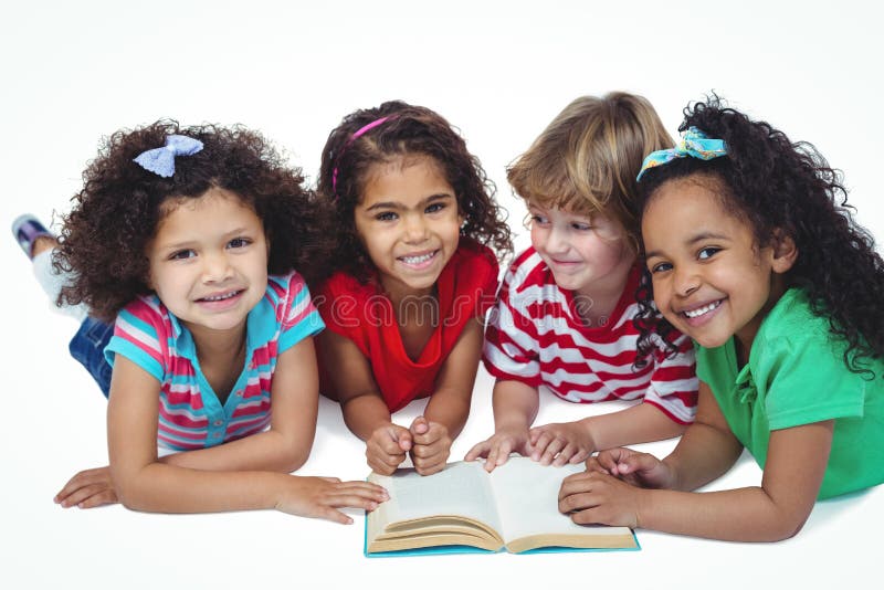 Four Small Kids Reading a Book Together Stock Image - Image of ground ...
