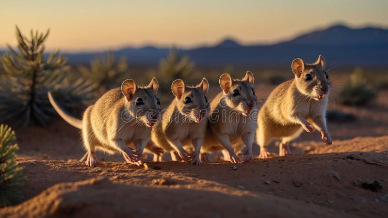 Golden Desert Mice at Sunset: Four Adorable Rodents Running on Sand ...