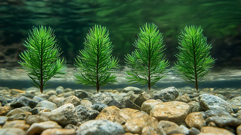Four Small Pine Trees Growing in a Riverbed with Pebbles, Underwater ...