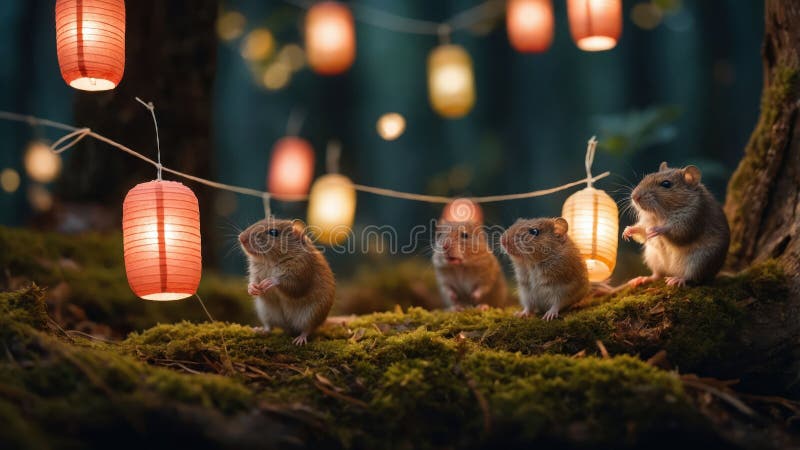 Adorable Mice Gathering Under Fairy Lights in Forest Stock Illustration ...