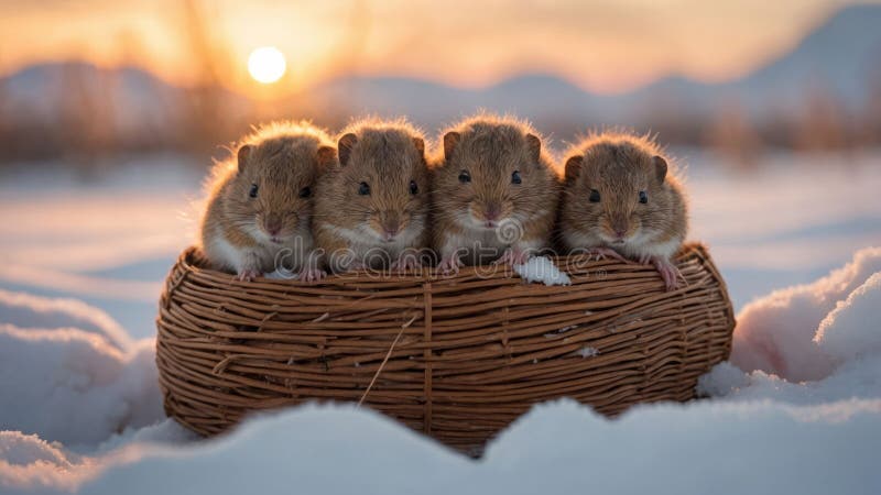 Four Adorable Baby Mice in a Wicker Basket at Sunset in Winter Stock ...