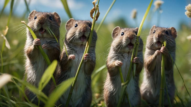 Adorable Baby Mice Eating Grass in Summer Meadow Stock Illustration ...