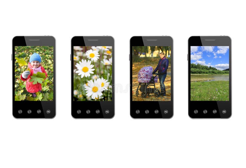 Four Smart-phones with Colored Images Isolated Stock Image - Image of ...