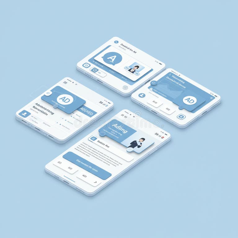 Four Smartphone Screens Display a Digital Advertisement User Interface ...