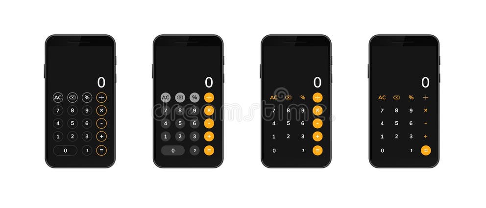 Four Smartphones Displaying Different Calculator Layouts with Numeric ...