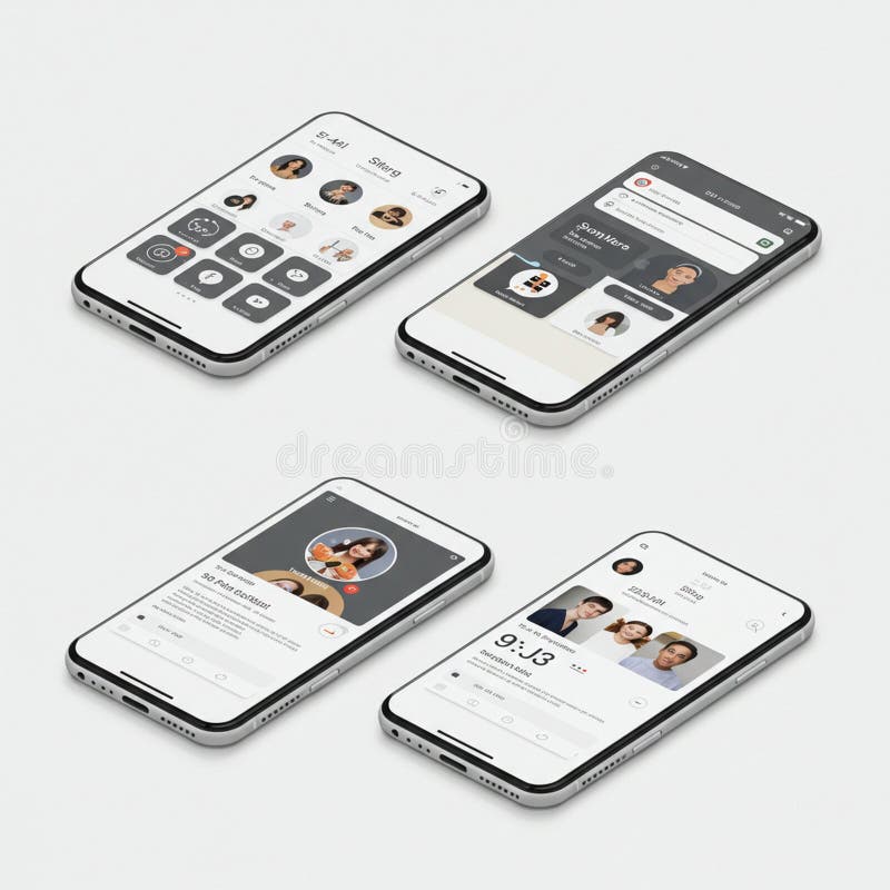 Four Smartphones Displaying Different User Interface Screens Related To ...