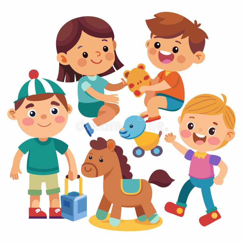 Four Smiling Children Playing with Toys Stock Vector - Illustration of ...