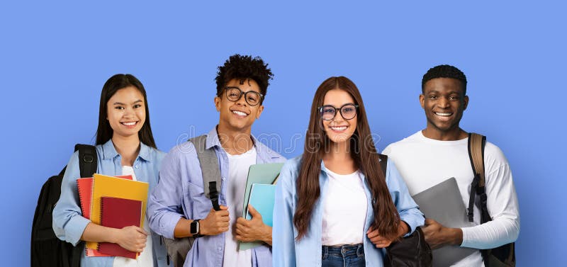 Four Smiling College Students with Textbooks and Backpacks Standing ...