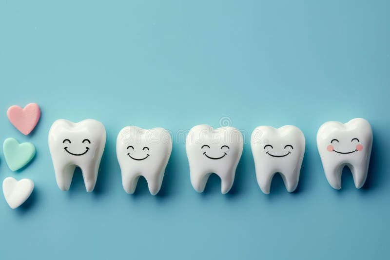 Four Smiling Teeth on a Blue Background. Stock Photo - Image of ...