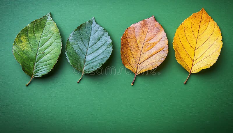 Four Smooth, Ovate Green and Yellow Green Leaves, Top Down Perspective ...