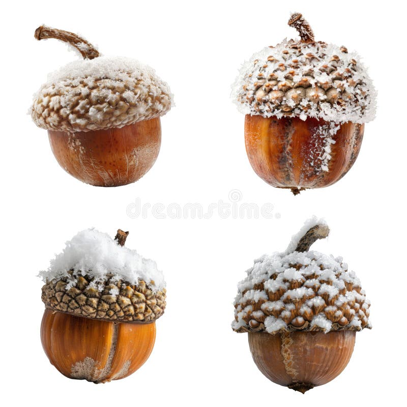 Four Snow-Covered Acorns Isolated on White Background Stock Photo ...