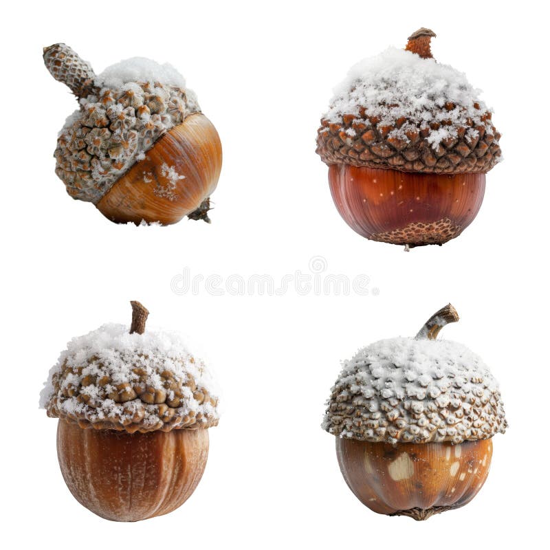 Four Snow-Covered Acorns Isolated on a White Background Stock Photo ...