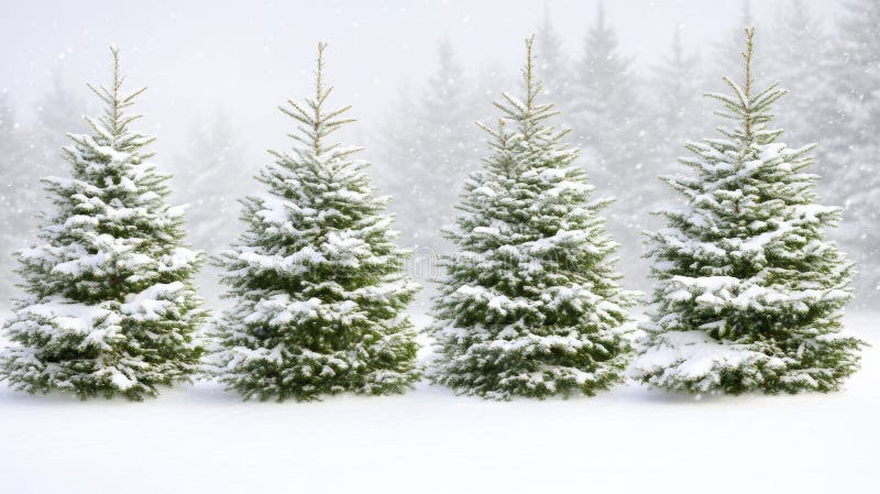 Four Snow Covered Pine Trees in a Winter Wonderland Forest, Background ...