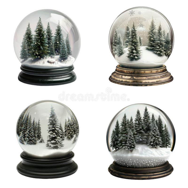 Four Snow Globes with Snowy Forest Scenes Stock Image - Illustration of ...