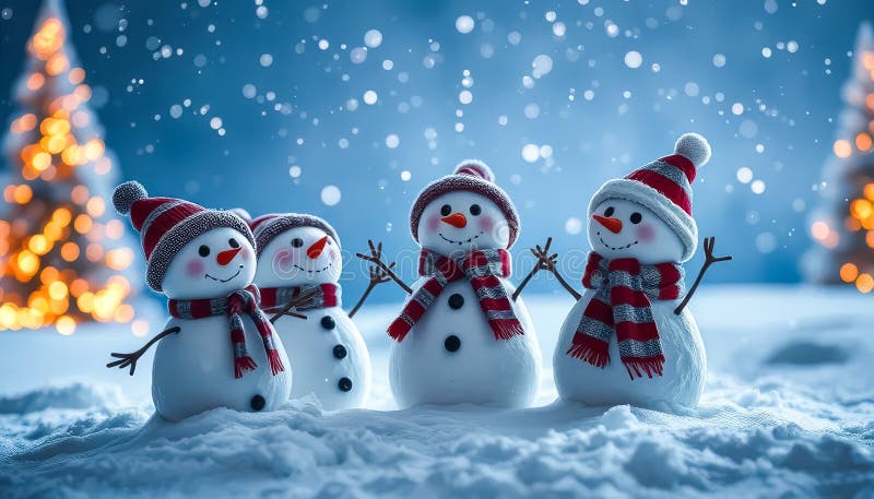 Four Snowmen are Standing in the Snow with Scarves and Hats Stock Photo ...