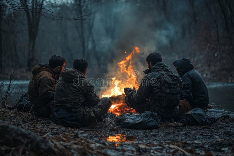 Four Soldiers are Sitting Around a Campfire Next To a River in a Forest ...
