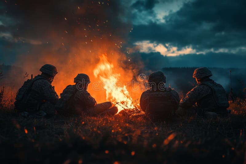 Four Soldiers are Taking a Break, Sitting by a Campfire at Night ...