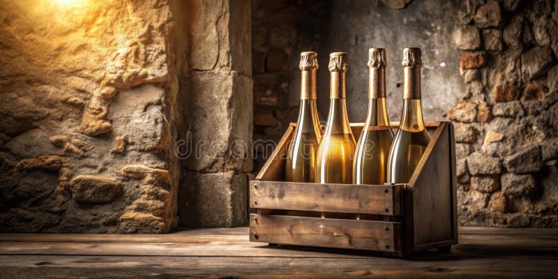 Four Sparkling Wine Bottles in a Rustic Wooden Crate. Generative AI ...