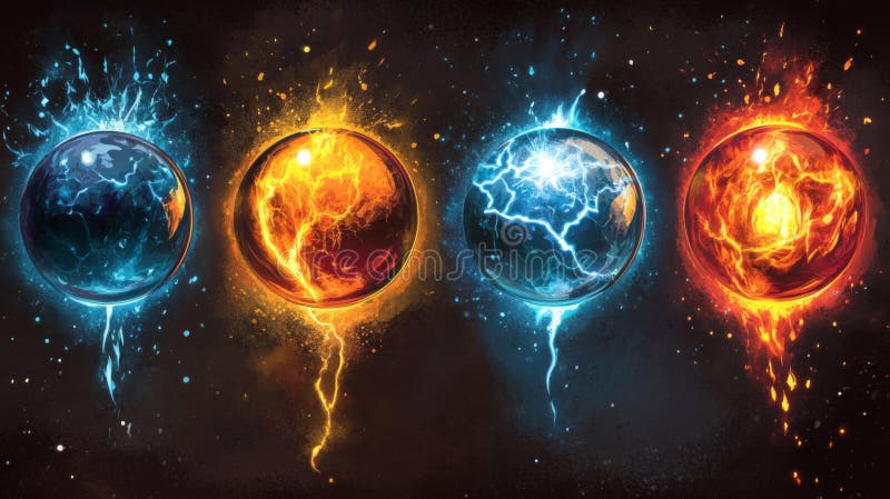 Four Spheres of Opposing Elements Fire and Lightning on Dark Background ...