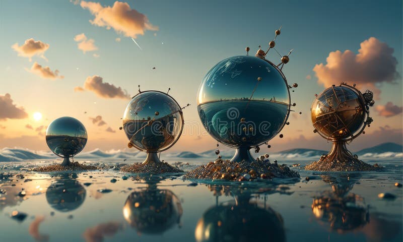 Four Spherical Objects, Each with Unique Design, Float in Tranquil Body ...