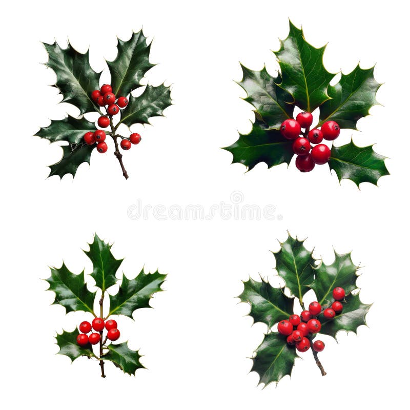 Four Sprigs of Holly with Red Berries Isolated on White Background ...