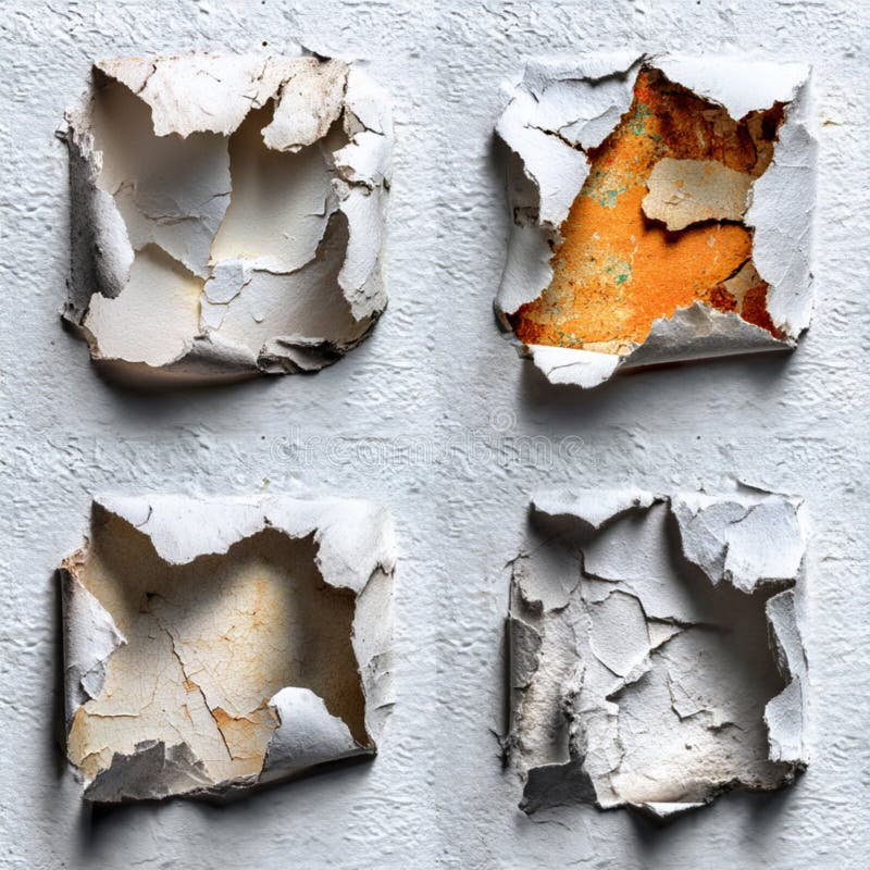 Four Square Peeling Paint Patches on a Textured White Surface Stock ...