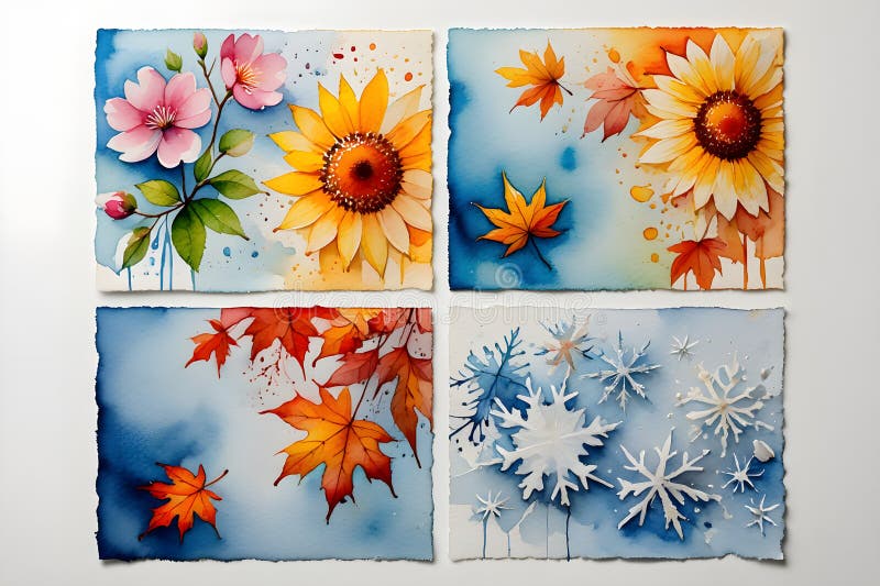 4 Seasons Sastract Watercolor Backgrounds. Watercolor Illustrations ...