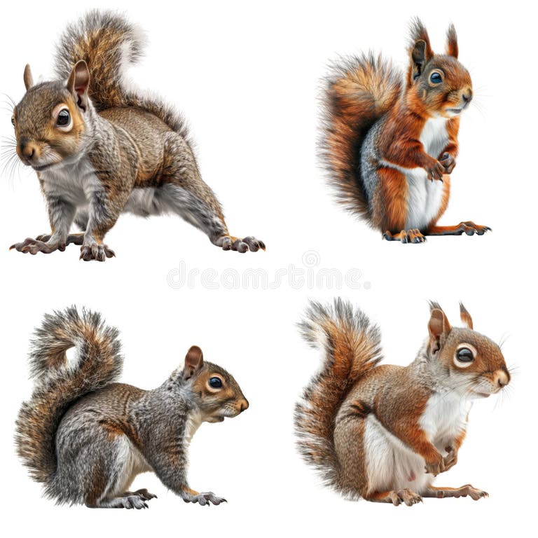 Four Squirrels in Different Poses Against Stock Photo - Illustration of ...