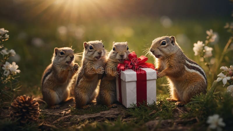 Adorable Chipmunks with a Gift, Golden Hour Stock Illustration ...